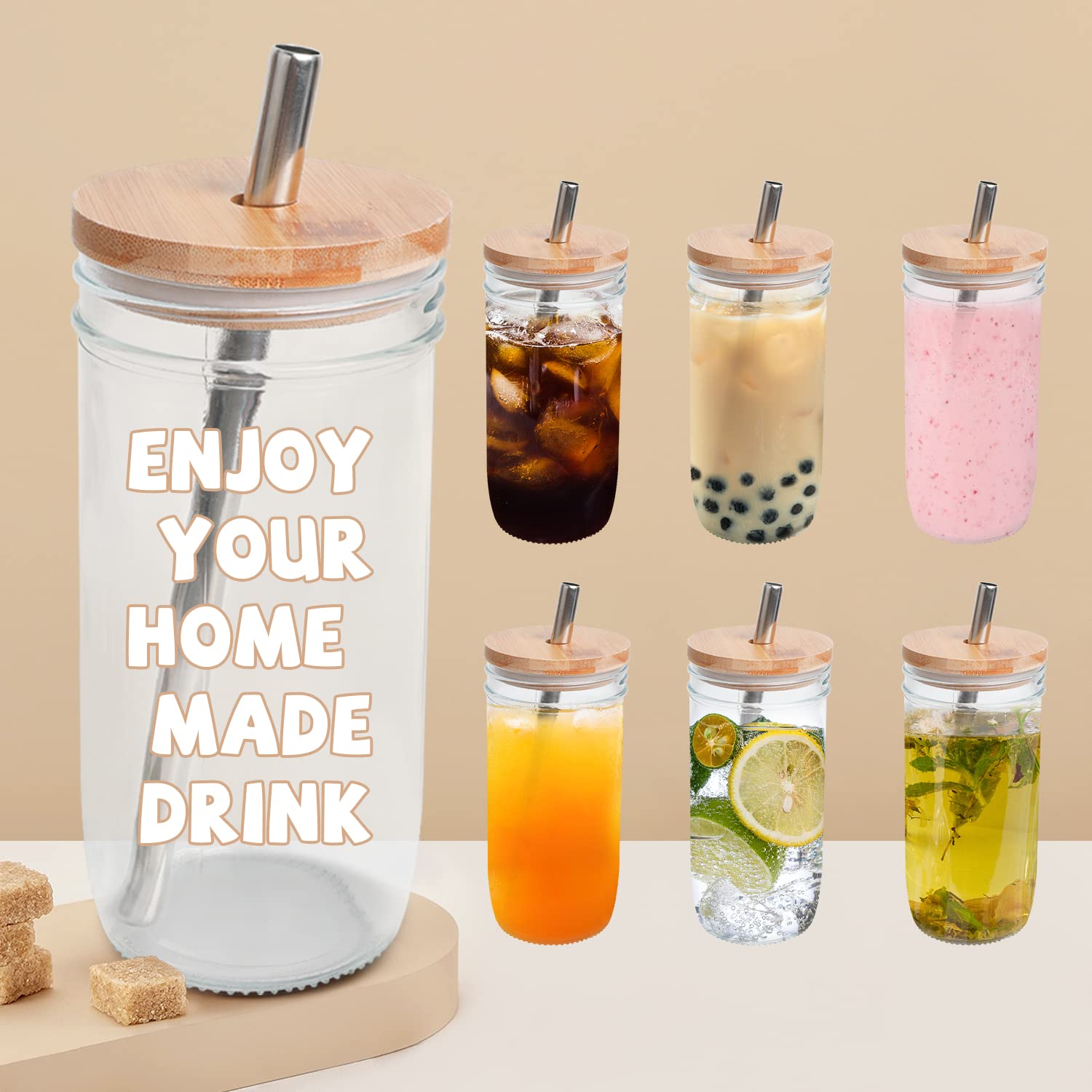 MCleanPin 24OZ Glass Cups with Lids and Straws,Iced Coffee Cups with Lids,Reusable Boba Cups,Smoothie Cups,Mason Jars Cups with Lids and Straws,Drinking Glasses Cups,Glass Tumbler for Travel