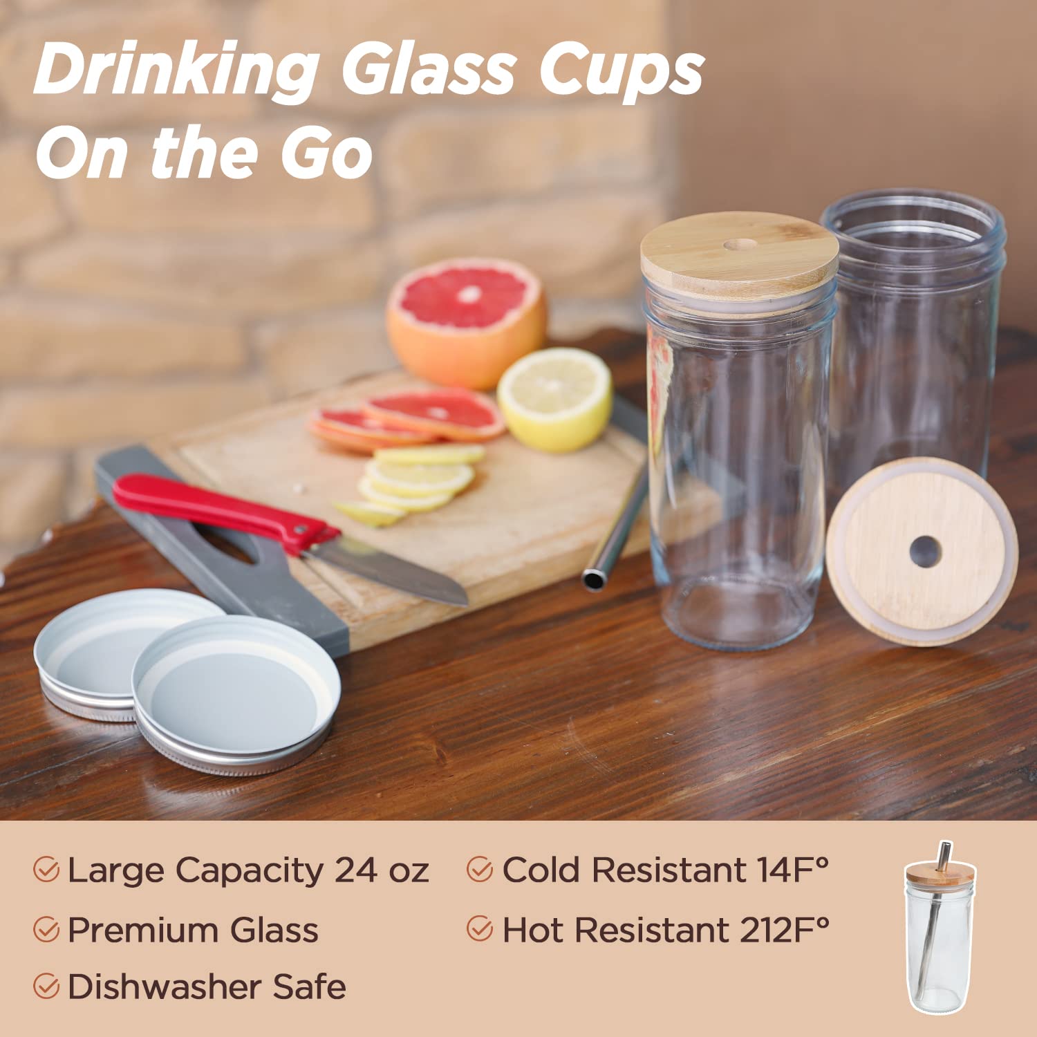 MCleanPin 24OZ Glass Cups with Lids and Straws,Iced Coffee Cups with Lids,Reusable Boba Cups,Smoothie Cups,Mason Jars Cups with Lids and Straws,Drinking Glasses Cups,Glass Tumbler for Travel