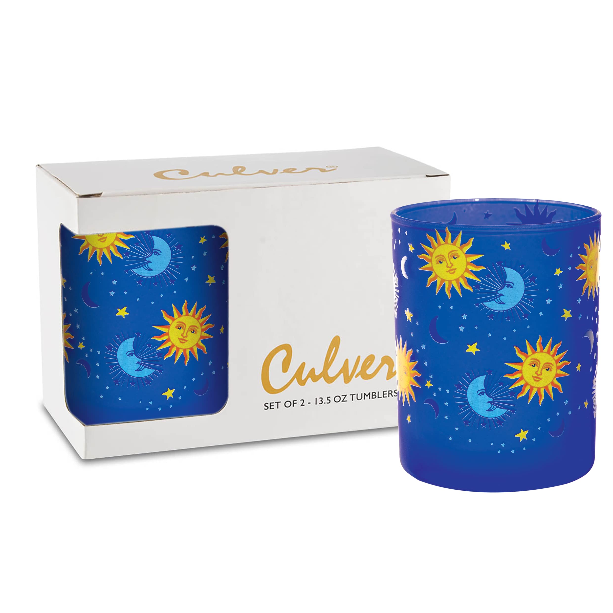 Culver Celestial Frosted Double Old Fashioned Tumbler Glasses, 13.5-Ounce, Gift Boxed Set of 2 (Celestial Sun Moon Stars Blue Frosted)