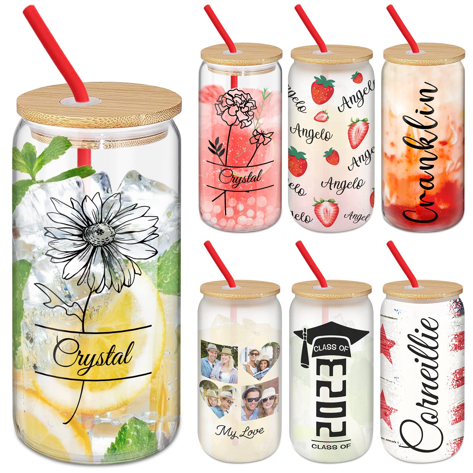 Personalized Glass Cups with Bamboo Lids and Straws Custom Name Photo Sublimation Drinking Glass Can Tumbler 16oz Customized Ice Coffee Cup Gift for Birthday Wedding Graduation Anniversary Party