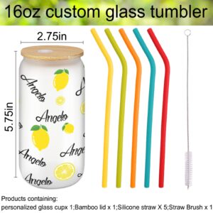 Personalized Glass Cups with Bamboo Lids and Straws Custom Name Photo Sublimation Drinking Glass Can Tumbler 16oz Customized Ice Coffee Cup Gift for Birthday Wedding Graduation Anniversary Party