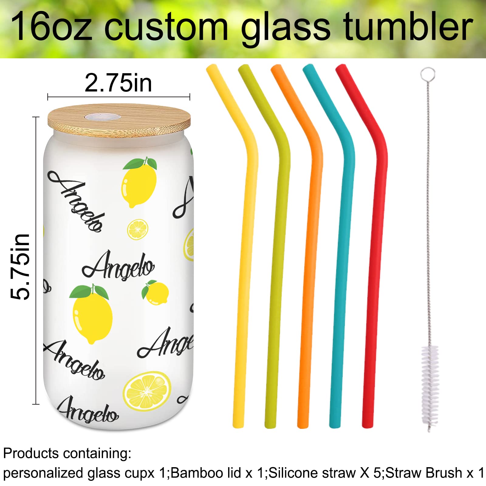 Personalized Glass Cups with Bamboo Lids and Straws Custom Name Photo Sublimation Drinking Glass Can Tumbler 16oz Customized Ice Coffee Cup Gift for Birthday Wedding Graduation Anniversary Party