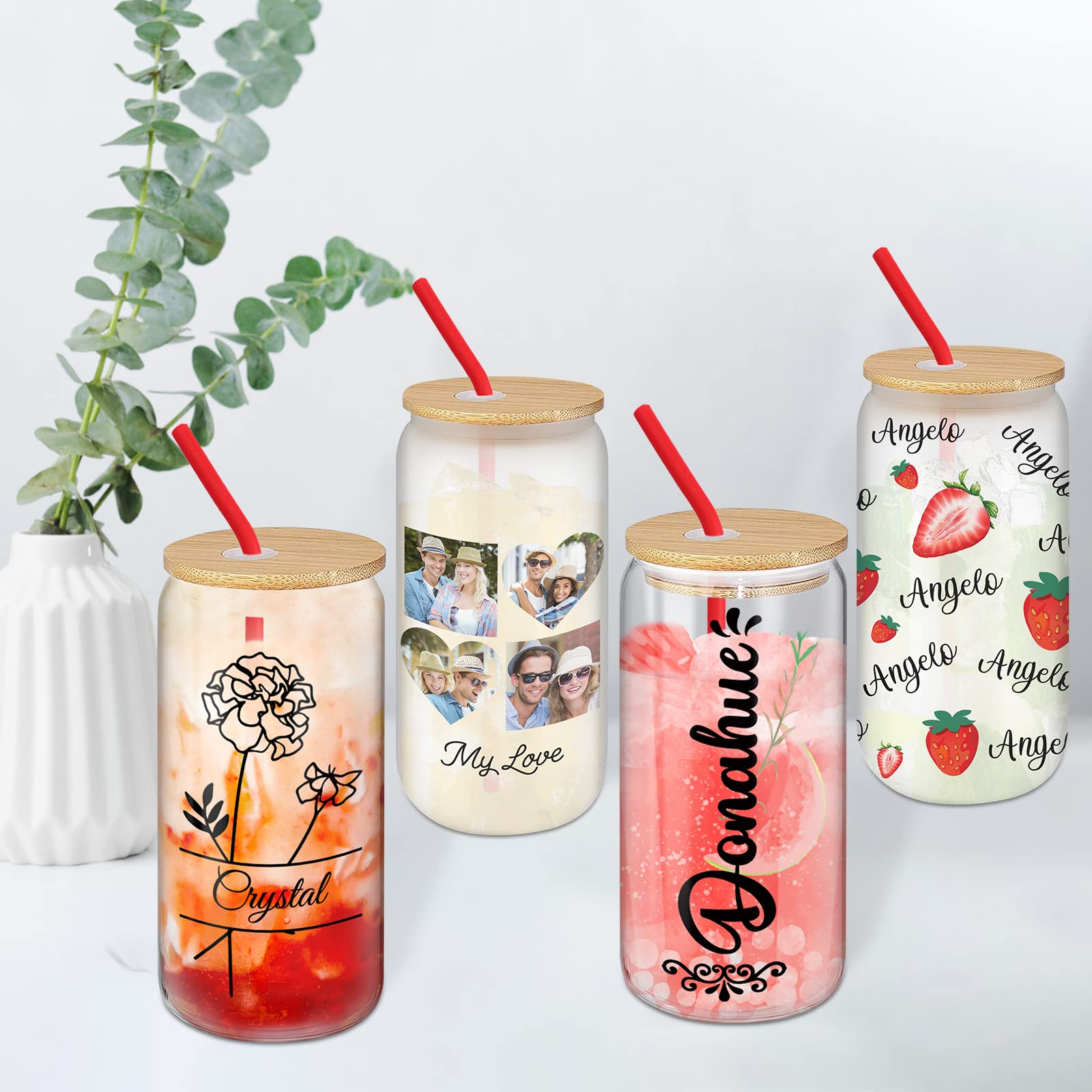 Personalized Glass Cups with Bamboo Lids and Straws Custom Name Photo Sublimation Drinking Glass Can Tumbler 16oz Customized Ice Coffee Cup Gift for Birthday Wedding Graduation Anniversary Party