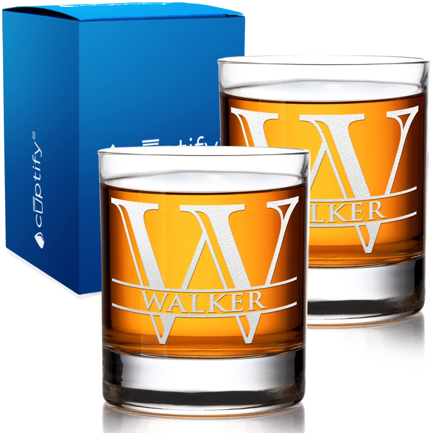 Personalized Whiskey Glass for Men Set of 2 Etched Monogram with Name 10.25 oz Old Fashioned Rocks Cocktail Bourbon Glass 13 Customizable Designs Gift