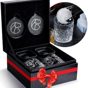 LEEBS Whiskey Set - Whiskey Gifts for Men - Whiskey Glasses Set of 2, 2 Large Sphere Ice Molds, 2 Slate Coasters, Gift Box - Bourbon Gifts for Men, Dad, Husband, Birthday, Anniversary, Christmas