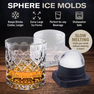 LEEBS Whiskey Set - Whiskey Gifts for Men - Whiskey Glasses Set of 2, 2 Large Sphere Ice Molds, 2 Slate Coasters, Gift Box - Bourbon Gifts for Men, Dad, Husband, Birthday, Anniversary, Christmas