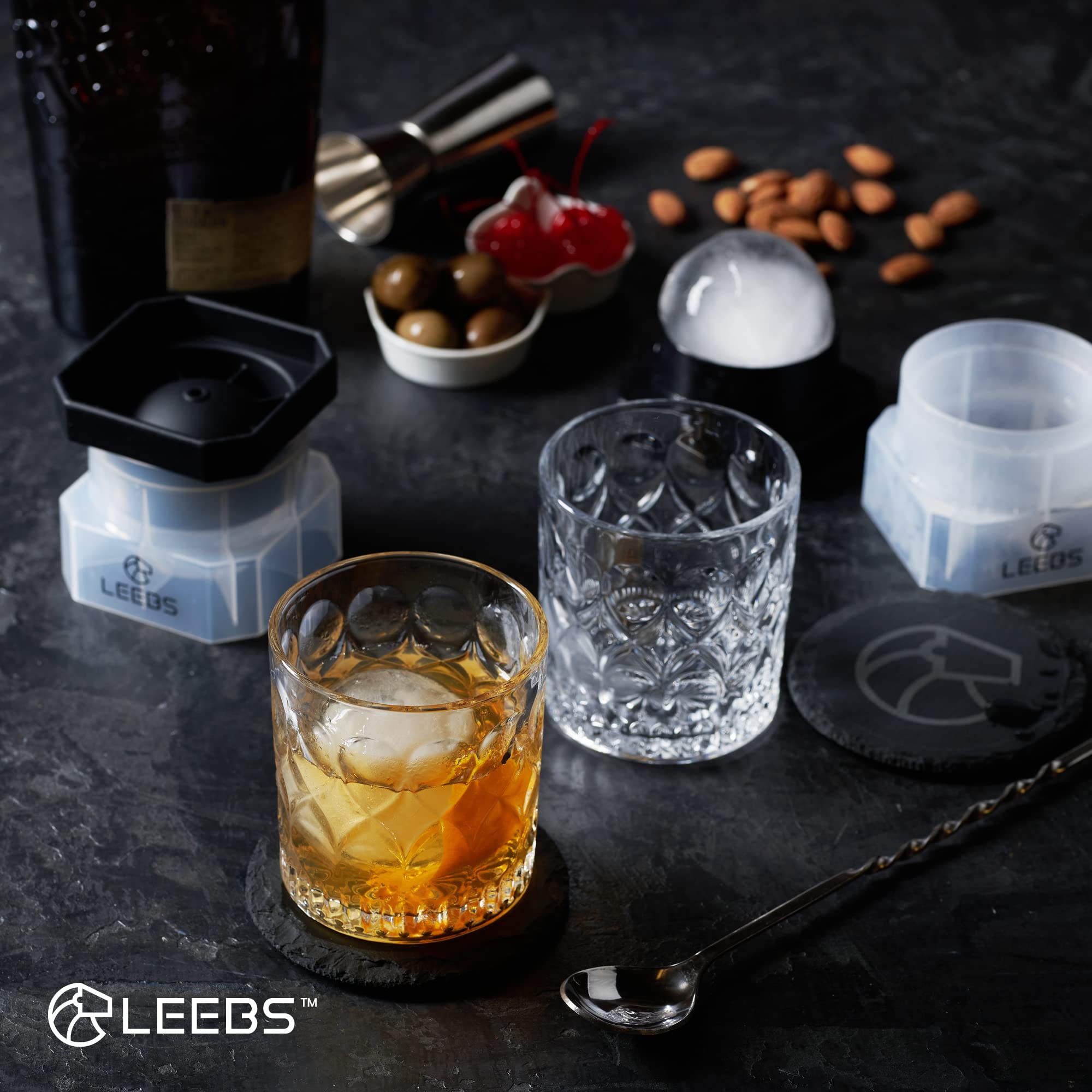 LEEBS Whiskey Set - Whiskey Gifts for Men - Whiskey Glasses Set of 2, 2 Large Sphere Ice Molds, 2 Slate Coasters, Gift Box - Bourbon Gifts for Men, Dad, Husband, Birthday, Anniversary, Christmas