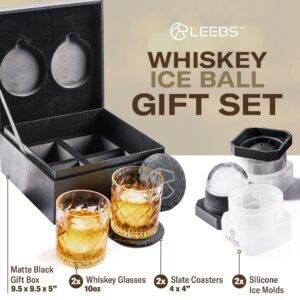 LEEBS Whiskey Set - Whiskey Gifts for Men - Whiskey Glasses Set of 2, 2 Large Sphere Ice Molds, 2 Slate Coasters, Gift Box - Bourbon Gifts for Men, Dad, Husband, Birthday, Anniversary, Christmas