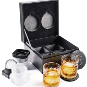 LEEBS Whiskey Set - Whiskey Gifts for Men - Whiskey Glasses Set of 2, 2 Large Sphere Ice Molds, 2 Slate Coasters, Gift Box - Bourbon Gifts for Men, Dad, Husband, Birthday, Anniversary, Christmas