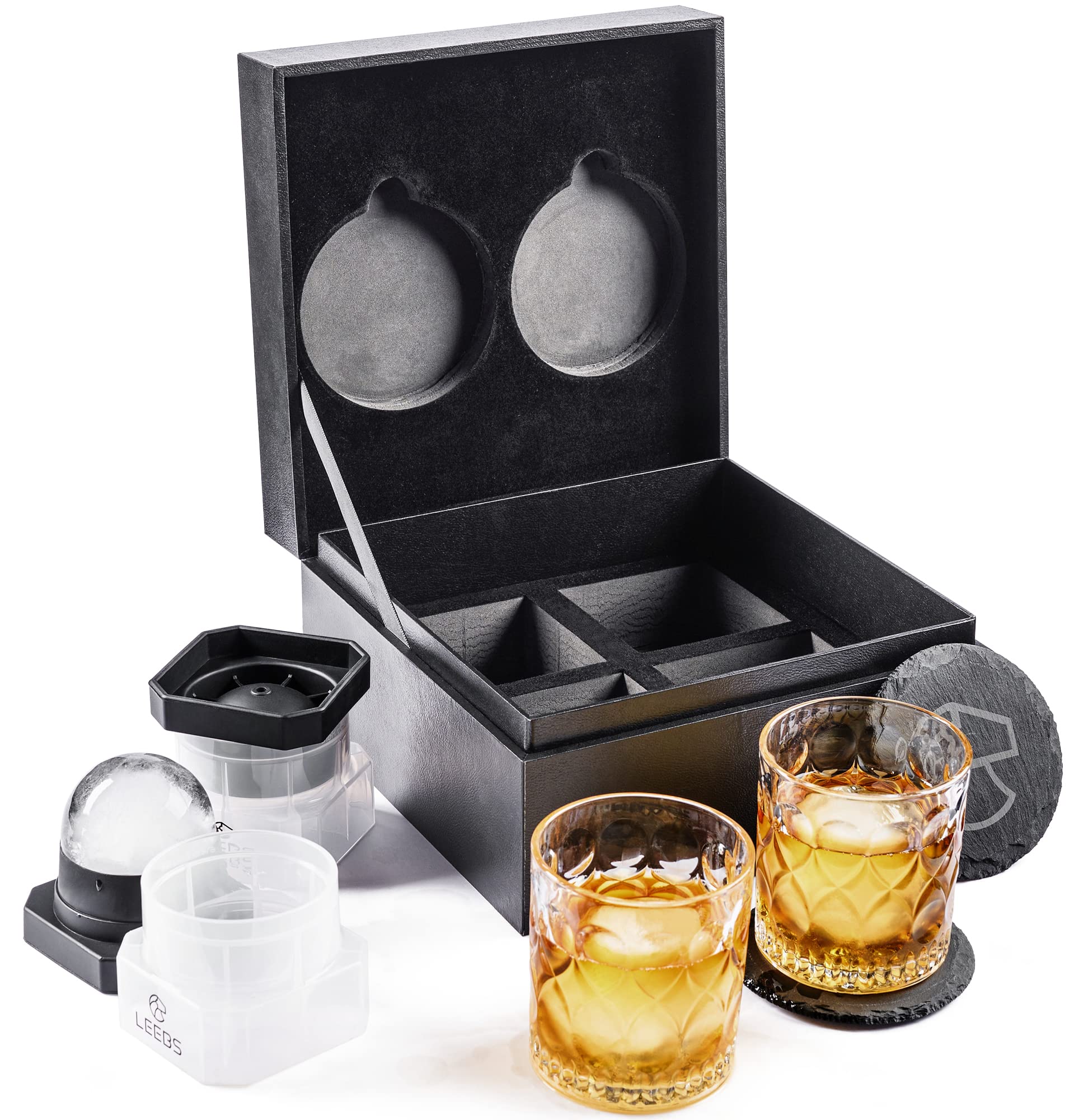 LEEBS Whiskey Set - Whiskey Gifts for Men - Whiskey Glasses Set of 2, 2 Large Sphere Ice Molds, 2 Slate Coasters, Gift Box - Bourbon Gifts for Men, Dad, Husband, Birthday, Anniversary, Christmas