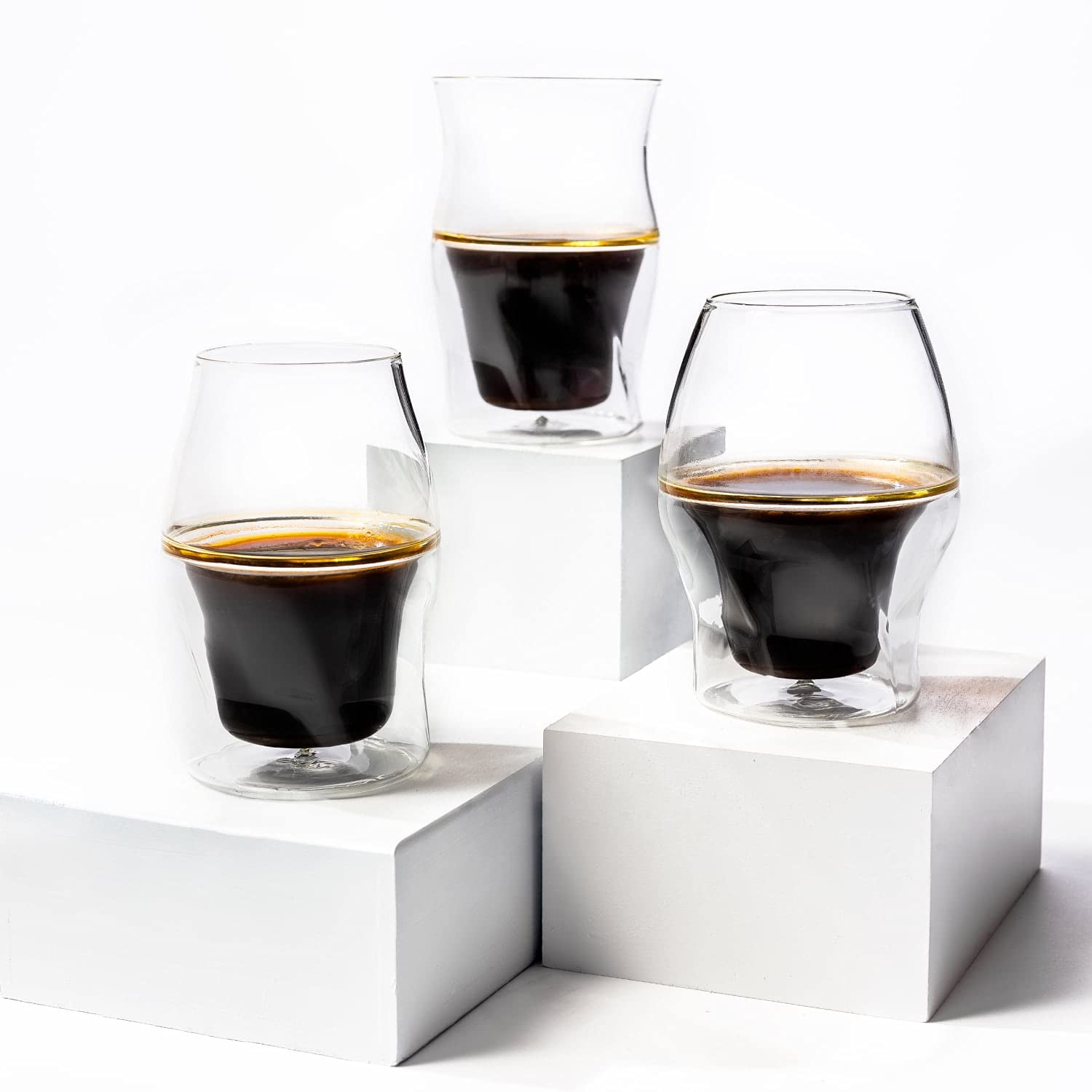 AVENSI Coffee Enhancing Glassware Cups - Complete Set: 3 Glasses (VIDA, SENTI, ALTO), with Felt Coasters, Polishing Cloth and Brew Guide