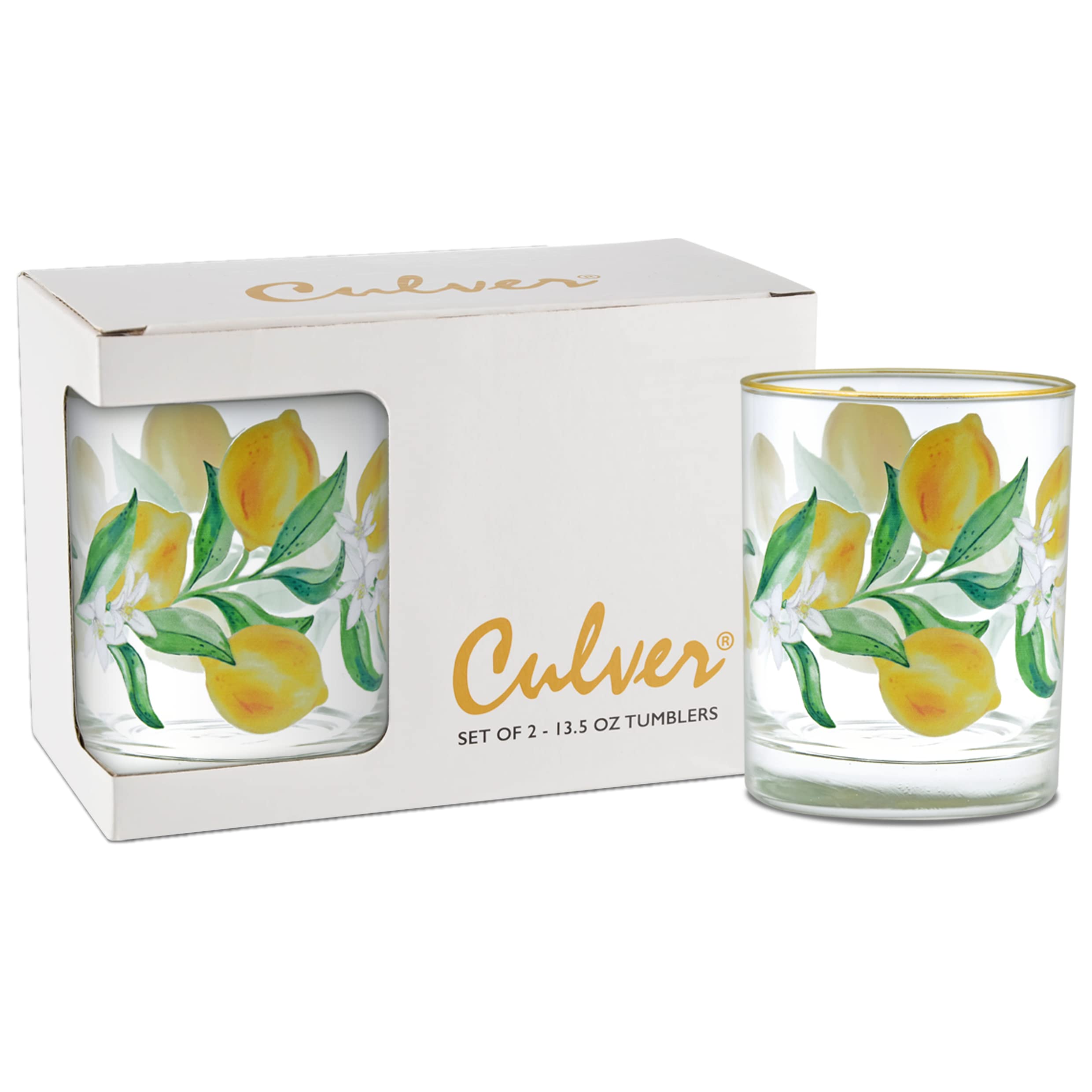 Culver 22k Gold Rim Watercolor Lemons DOF Double Old-Fashioned Glasses, 13.5-Ounce, Gift Boxed Set of 2