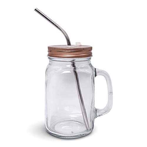 Home Suave 20oz Mason Jar Mug with Handle, Regular Mouth, Lid with Reusable Stainless Steel Straw, Rose Gold, Kitchen GLASS 20 oz Jars, Dishwasher Safe