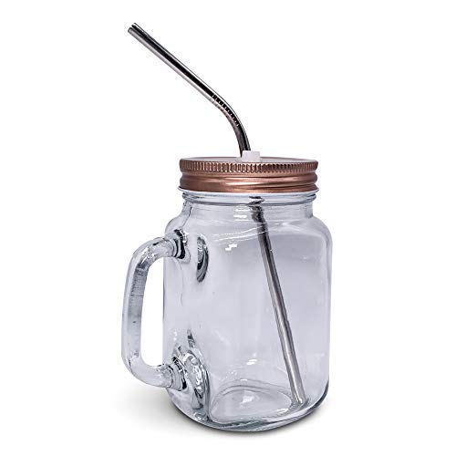 Home Suave 20oz Mason Jar Mug with Handle, Regular Mouth, Lid with Reusable Stainless Steel Straw, Rose Gold, Kitchen GLASS 20 oz Jars, Dishwasher Safe