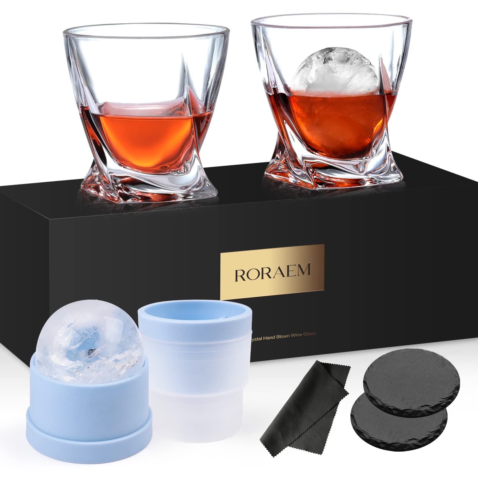 RorAem Whiskey Glasses Set Whiskey Gifts for Men - Crystal Bourbon Glasses Rocks Glasses Old Fashioned Glasses with Ice Ball Molds for Whisky Scotch Cocktail Vodka Liquor Rum 11oz