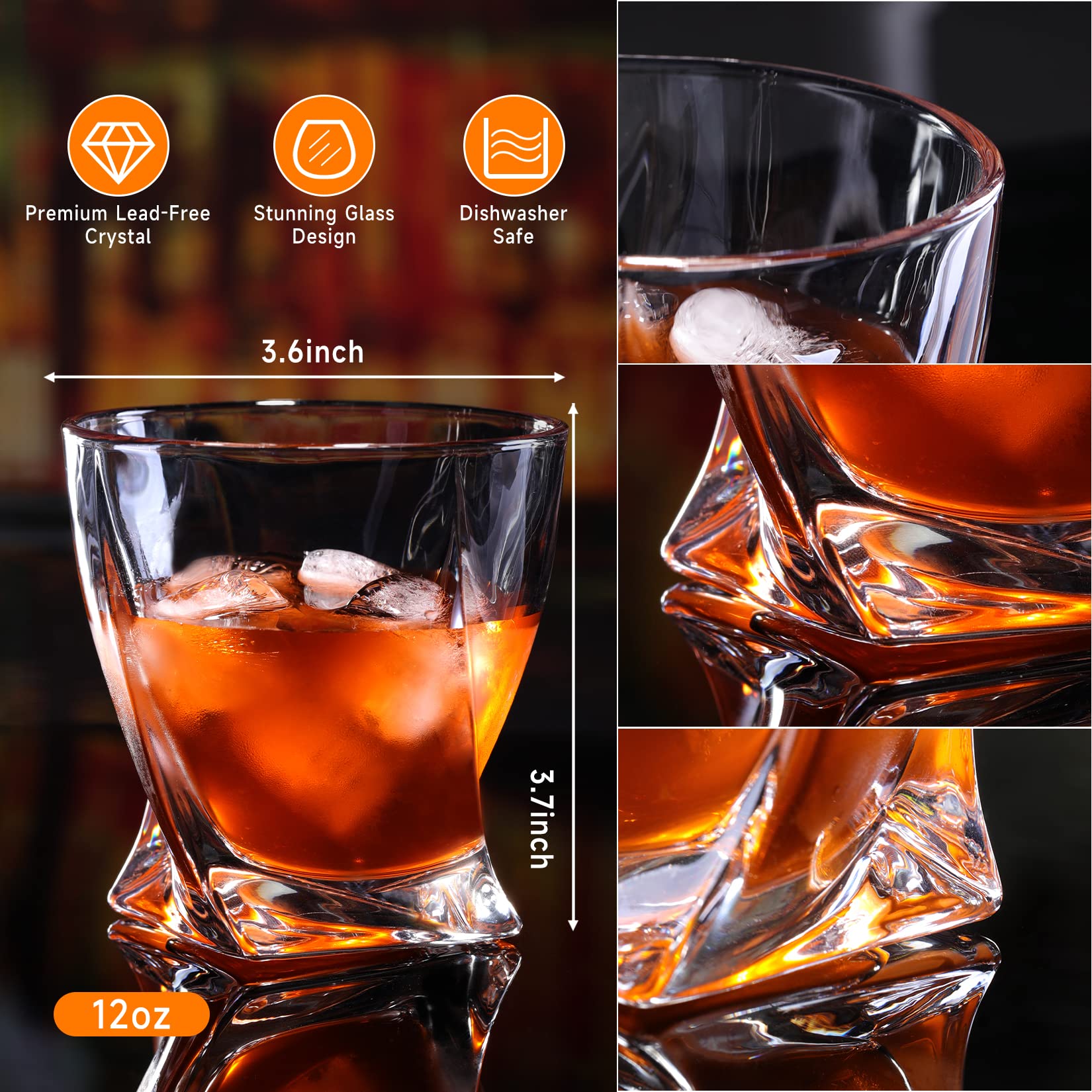 RorAem Whiskey Glasses Set Whiskey Gifts for Men - Crystal Bourbon Glasses Rocks Glasses Old Fashioned Glasses with Ice Ball Molds for Whisky Scotch Cocktail Vodka Liquor Rum 11oz