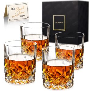 hohy whiskey glasses set of 4, old fashioned glasses, bourbon glasses, 11 oz thick bottom old fashioned whiskey glasses for men, premium whiskey gifts for bourbon, scotch, cocktail.