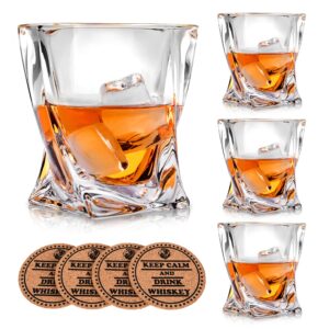 vaci glass crystal whiskey glasses - set of 4 - with 4 drink coasters, crystal scotch glass, malt or bourbon, glassware set