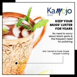 Kamojo Moscow Mule Cups Set of 4 - Premium Moscow Mule Copper Mugs with Unique Embossed Design & Anti-Tarnish, Food-Grade Coating - Copper Cups Gift Set with 4 Copper Straws & Recipe E-Book, 16 oz