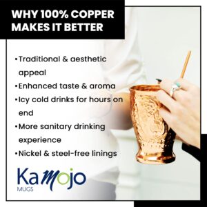 Kamojo Moscow Mule Cups Set of 4 - Premium Moscow Mule Copper Mugs with Unique Embossed Design & Anti-Tarnish, Food-Grade Coating - Copper Cups Gift Set with 4 Copper Straws & Recipe E-Book, 16 oz