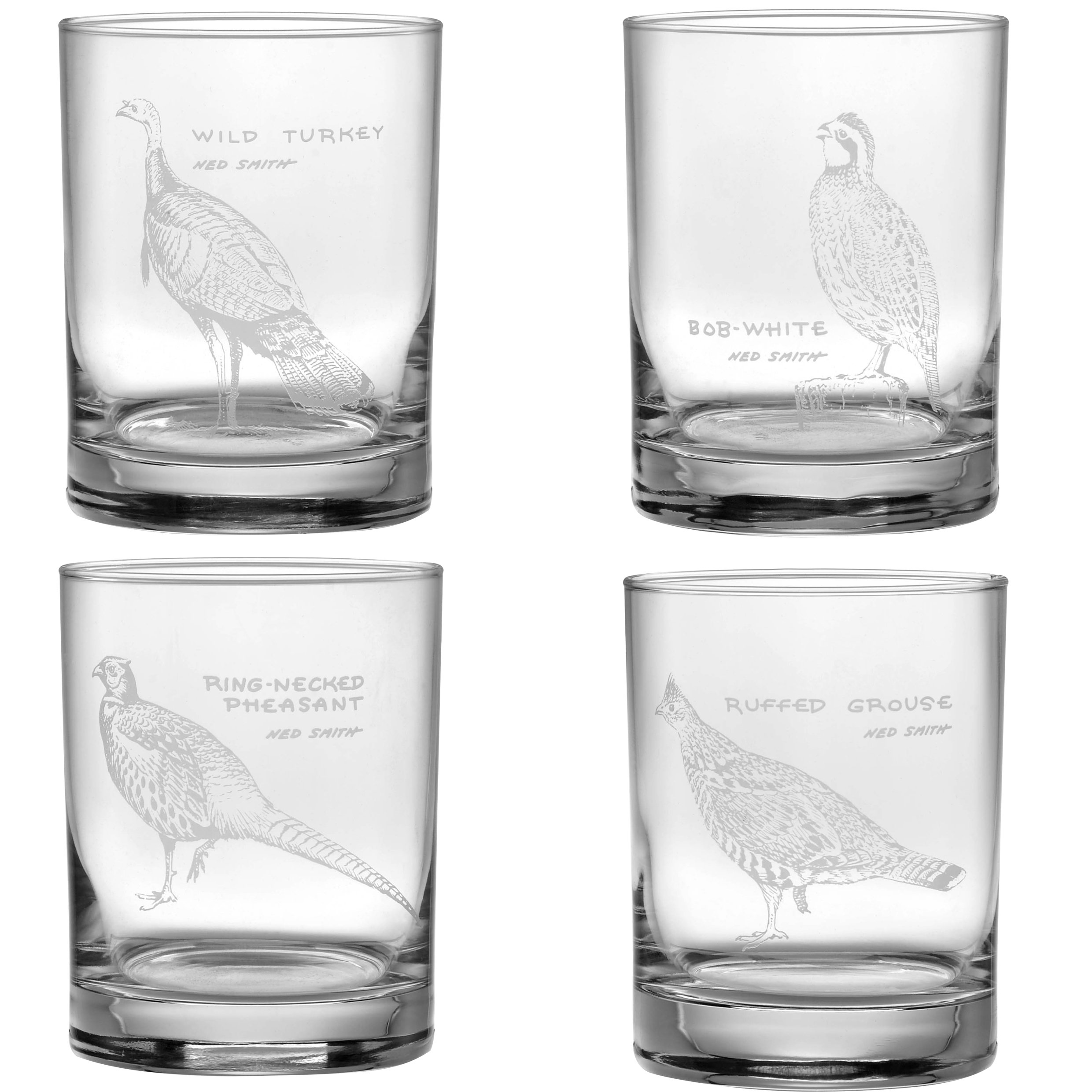 Culver Ned Smith Upland Gamebirds 14-Ounce (DOF) Double Old Fashioned Glass Assorted Set of 4