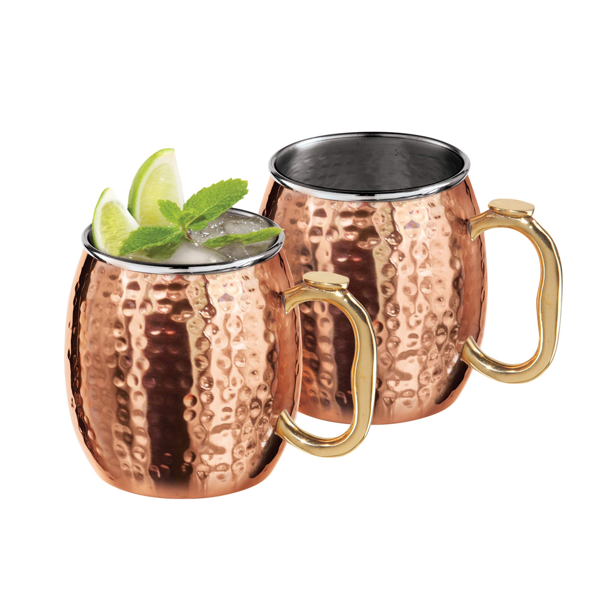 Oggi Set of 2 Hammered Stainless Steel Moscow Mule Mugs- 18oz Copper Plated Moscow Mule Cups w/EZ-Grip Handle, Cocktail Cart & Home Bar Accessories, Great Kitchen Gifts