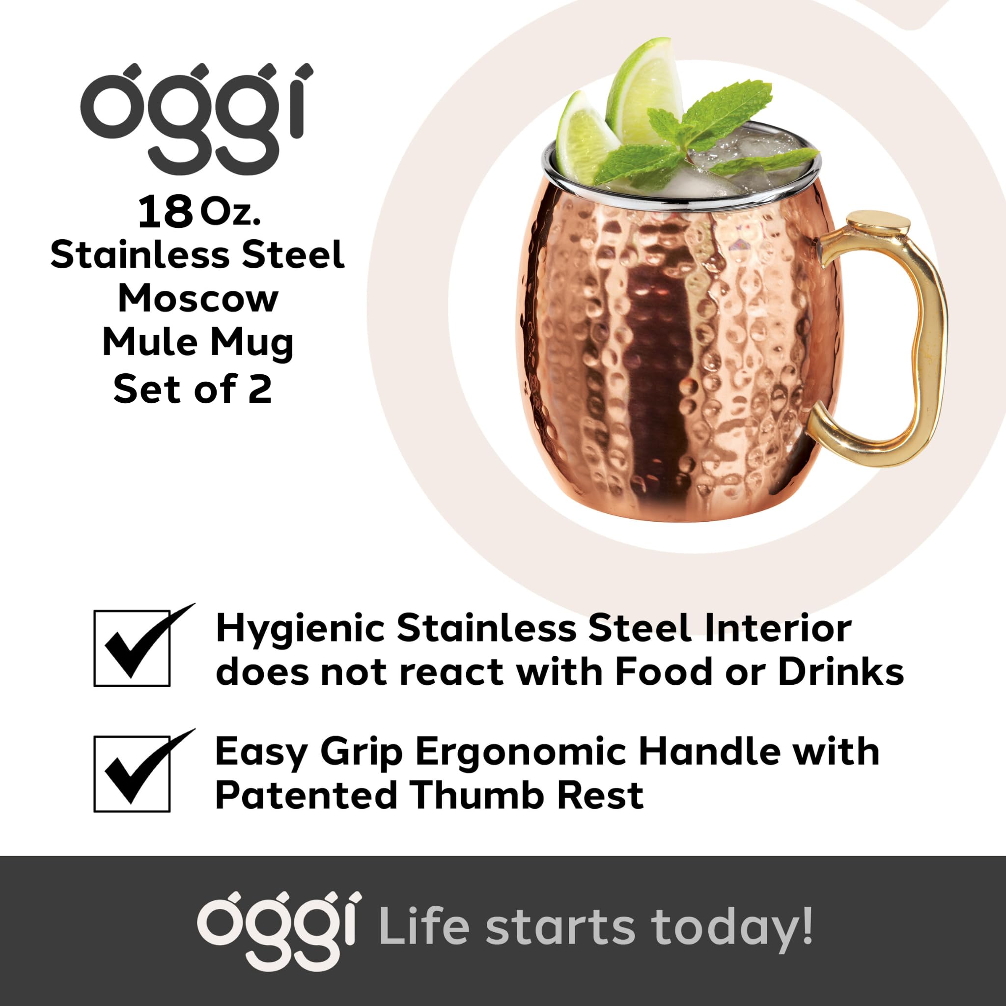 Oggi Set of 2 Hammered Stainless Steel Moscow Mule Mugs- 18oz Copper Plated Moscow Mule Cups w/EZ-Grip Handle, Cocktail Cart & Home Bar Accessories, Great Kitchen Gifts