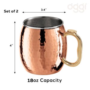 Oggi Set of 2 Hammered Stainless Steel Moscow Mule Mugs- 18oz Copper Plated Moscow Mule Cups w/EZ-Grip Handle, Cocktail Cart & Home Bar Accessories, Great Kitchen Gifts