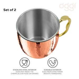 Oggi Set of 2 Hammered Stainless Steel Moscow Mule Mugs- 18oz Copper Plated Moscow Mule Cups w/EZ-Grip Handle, Cocktail Cart & Home Bar Accessories, Great Kitchen Gifts