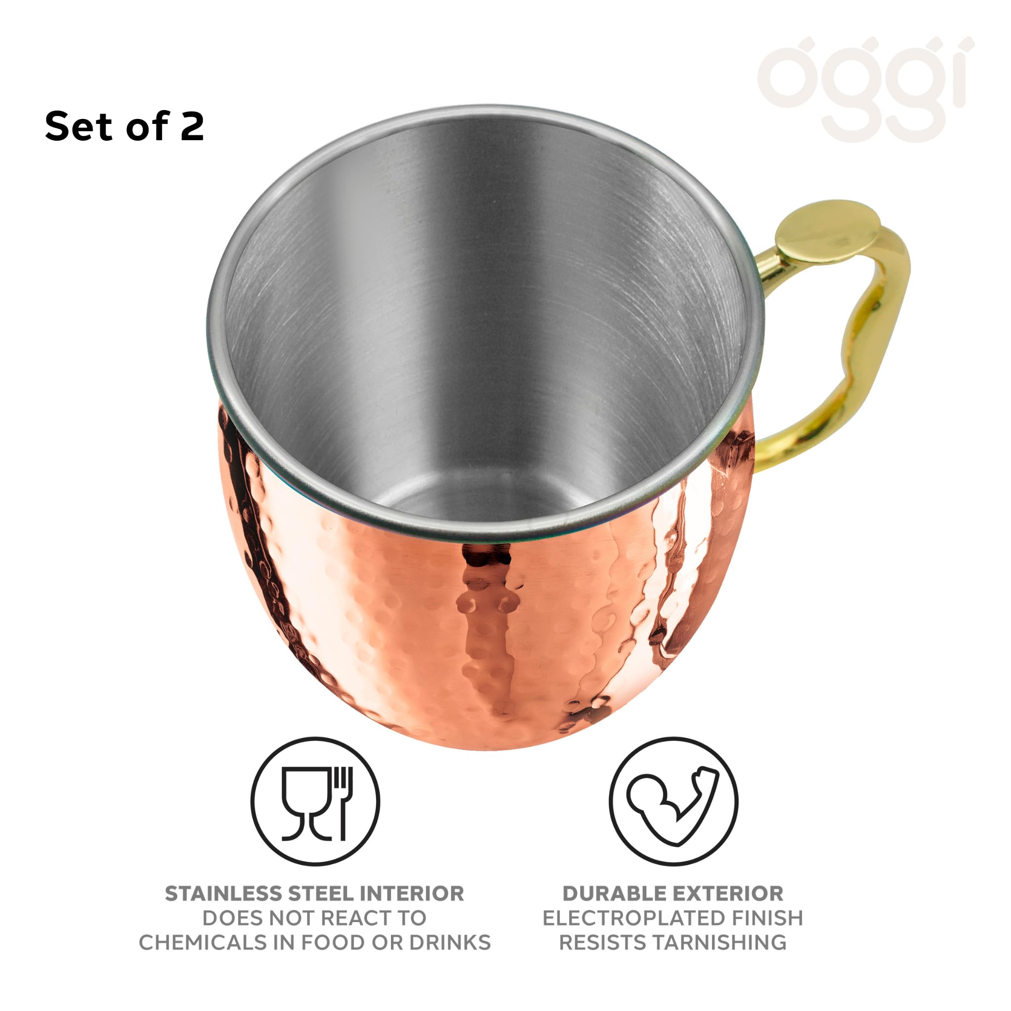 Oggi Set of 2 Hammered Stainless Steel Moscow Mule Mugs- 18oz Copper Plated Moscow Mule Cups w/EZ-Grip Handle, Cocktail Cart & Home Bar Accessories, Great Kitchen Gifts