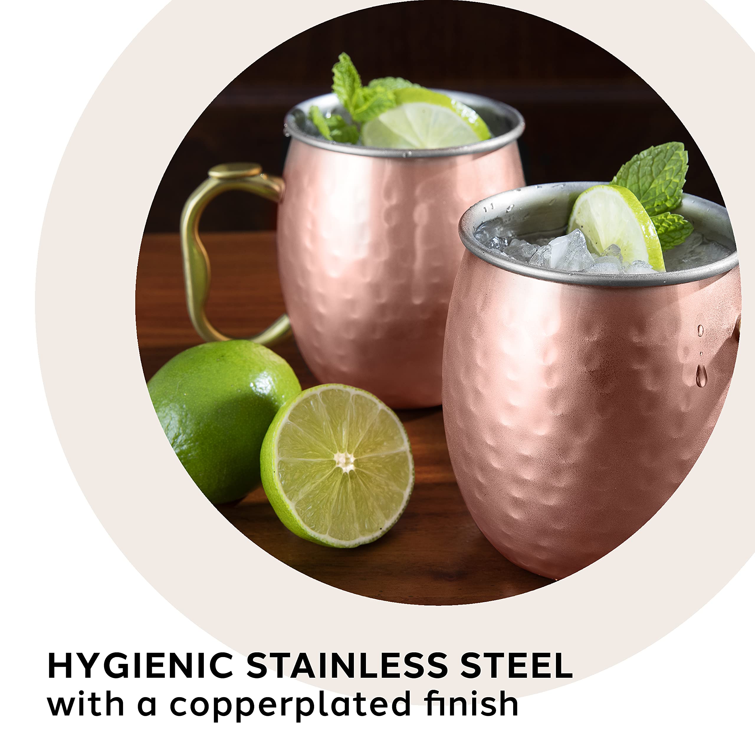 Oggi Set of 2 Hammered Stainless Steel Moscow Mule Mugs- 18oz Copper Plated Moscow Mule Cups w/EZ-Grip Handle, Cocktail Cart & Home Bar Accessories, Great Kitchen Gifts