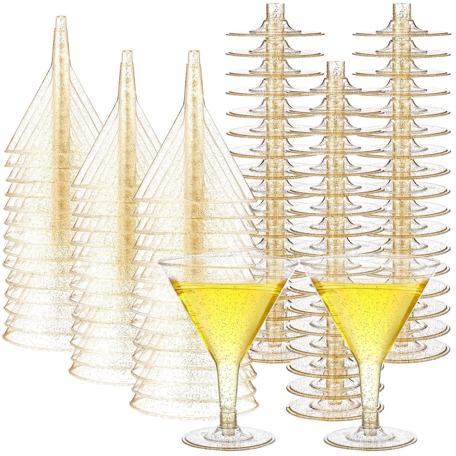 WILLBOND 60 Pieces Gold Glitter Plastic Martini Glasses Set 6.5 oz Disposable Cocktail Glasses Stemmed Plastic Margarita Glasses for Wedding Party Wine Champagne Coupe Appetizer Dessert Mousse Supply