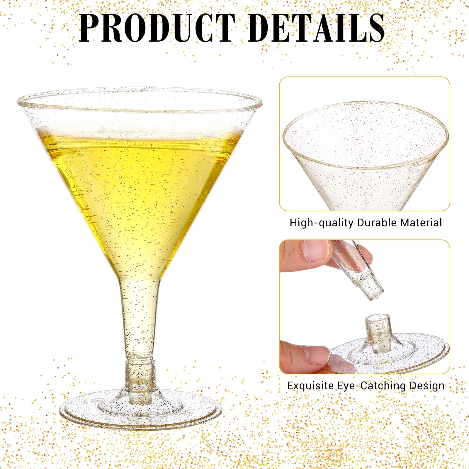 WILLBOND 60 Pieces Gold Glitter Plastic Martini Glasses Set 6.5 oz Disposable Cocktail Glasses Stemmed Plastic Margarita Glasses for Wedding Party Wine Champagne Coupe Appetizer Dessert Mousse Supply