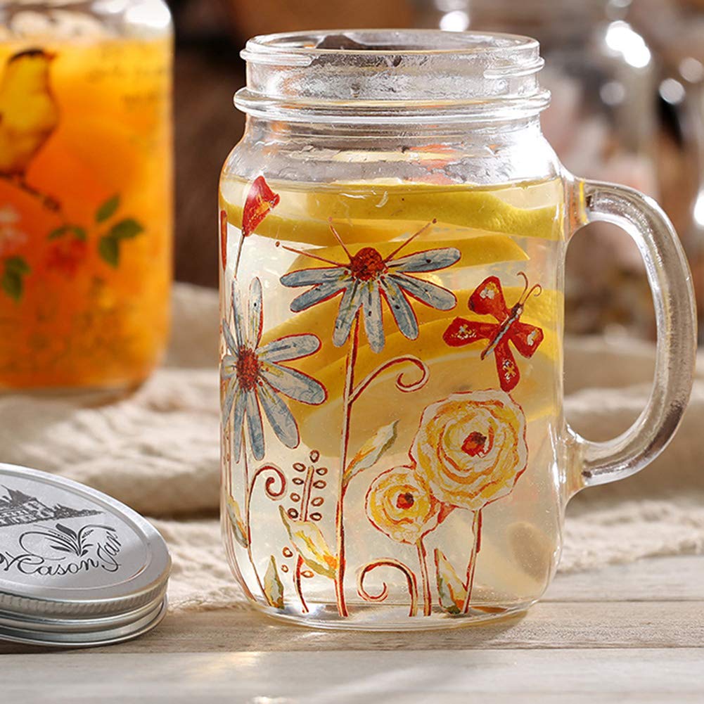 Topadorn 21oz Glass Mason Jar with Handle and Lid,Flower