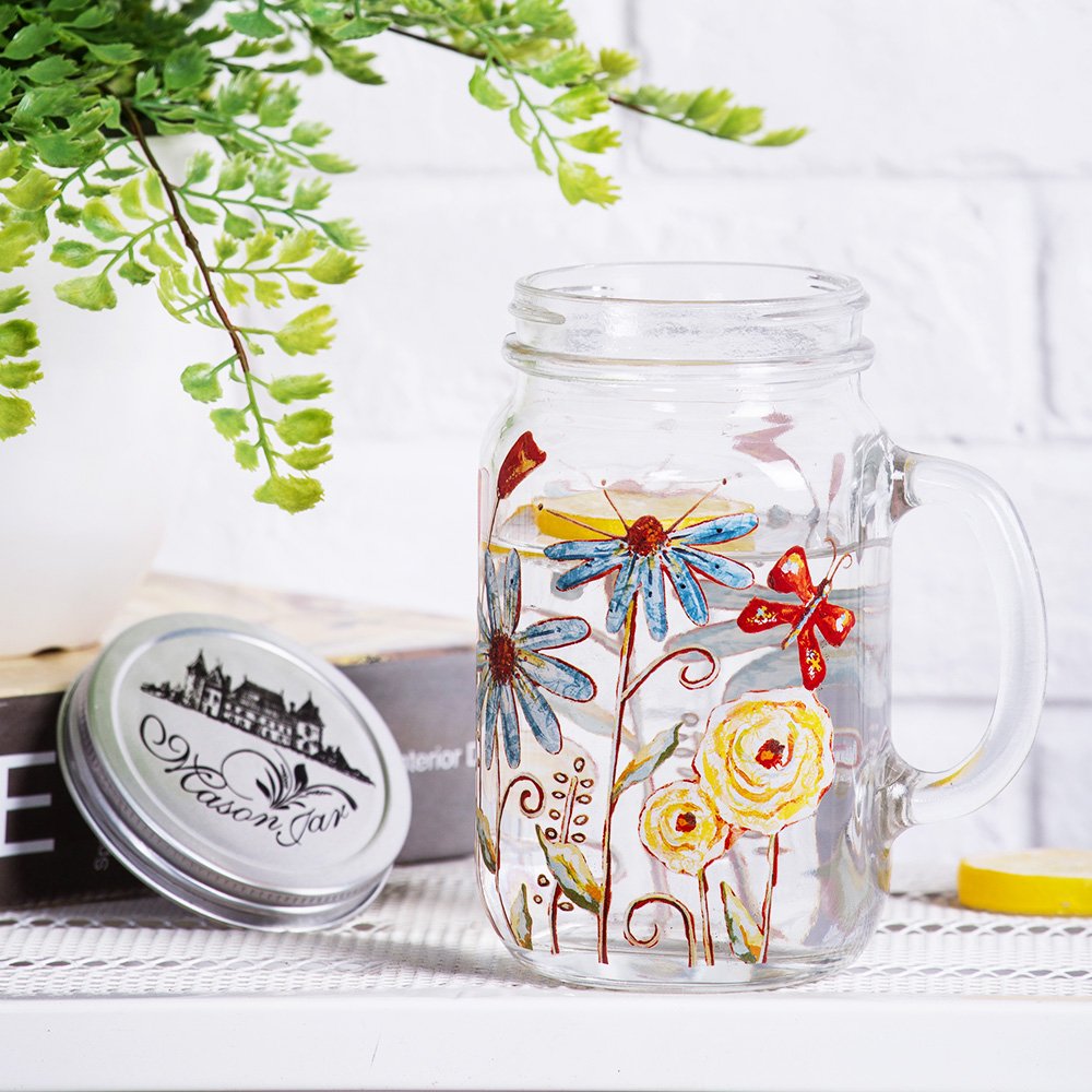 Topadorn 21oz Glass Mason Jar with Handle and Lid,Flower