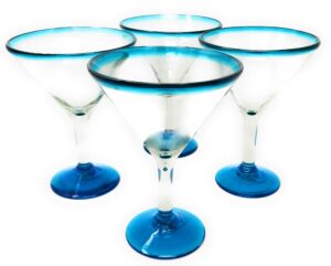 mexican hand blown glass – set of 4 hand blown modern margarita glasses - aqua rim (12 oz)