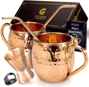 g goodygoods moscow mule copper mugs: make any drink taste much better! 100% pure solid copper his & hers gift set- 2 hammered 16 oz copper cups 2 unique straws, jigger & recipe booklet!