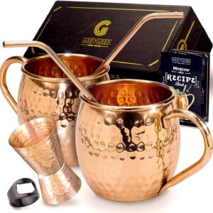 G GOODYGOODS Moscow Mule Copper Mugs: Make Any Drink Taste Much Better! 100% Pure Solid Copper His & Hers Gift Set- 2 Hammered 16 OZ Copper Cups 2 Unique Straws, Jigger & Recipe Booklet!