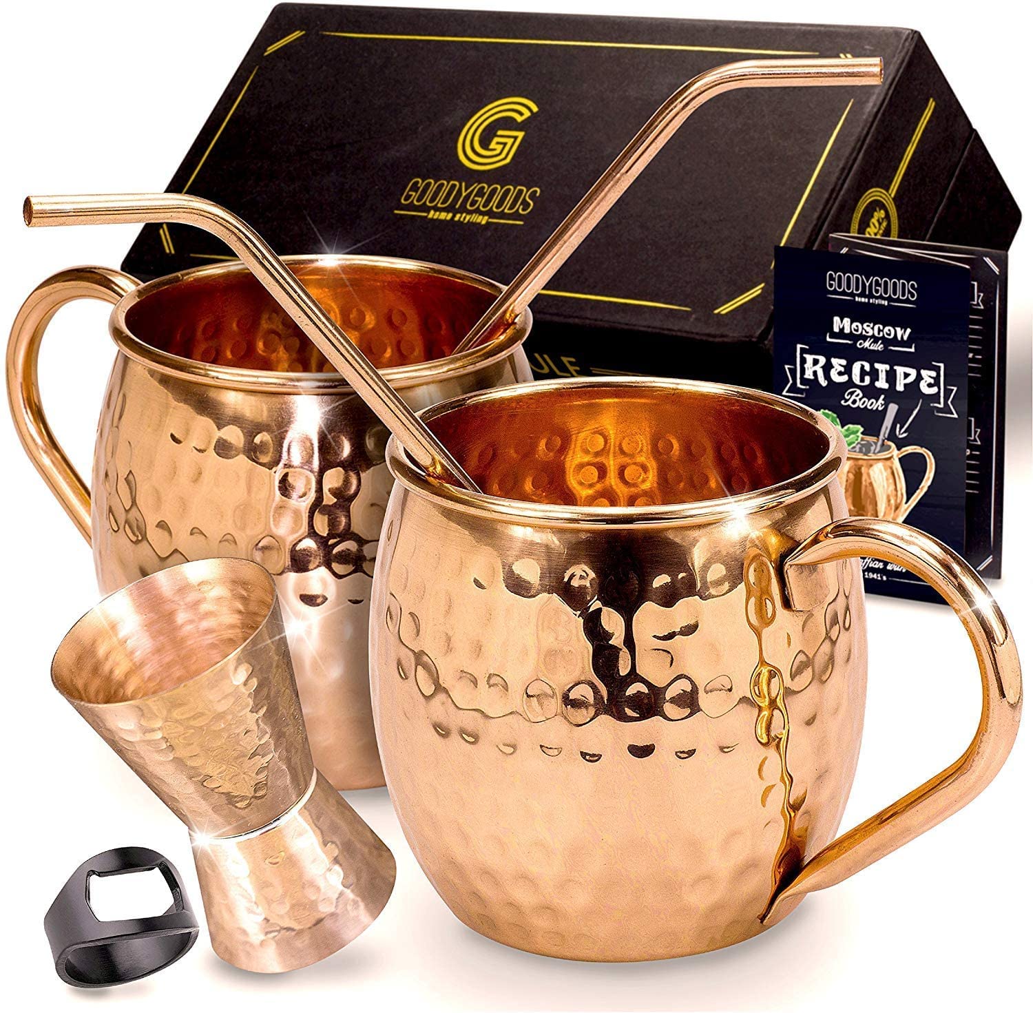 G GOODYGOODS Moscow Mule Copper Mugs: Make Any Drink Taste Much Better! 100% Pure Solid Copper His & Hers Gift Set- 2 Hammered 16 OZ Copper Cups 2 Unique Straws, Jigger & Recipe Booklet!