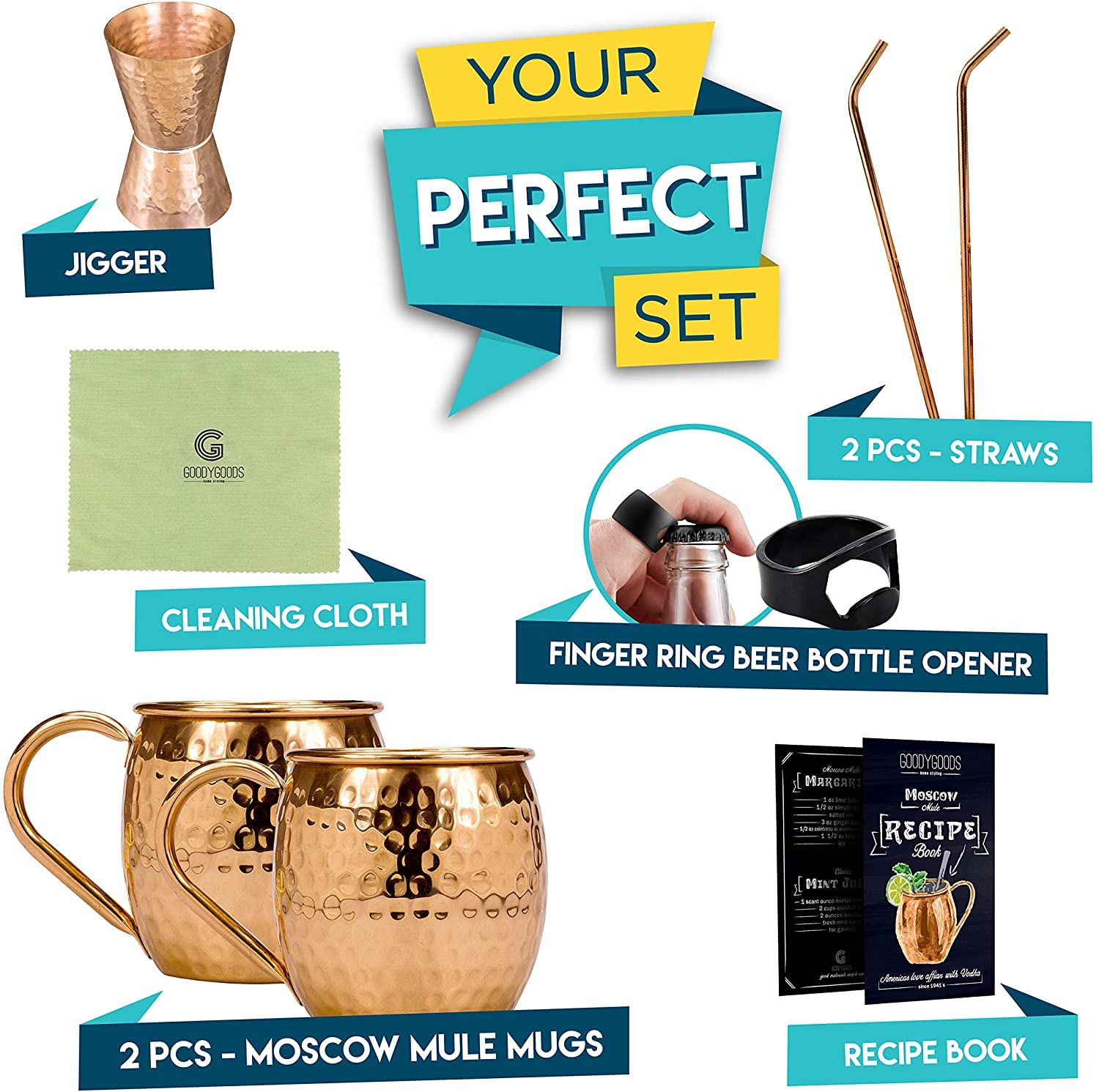 G GOODYGOODS Moscow Mule Copper Mugs: Make Any Drink Taste Much Better! 100% Pure Solid Copper His & Hers Gift Set- 2 Hammered 16 OZ Copper Cups 2 Unique Straws, Jigger & Recipe Booklet!