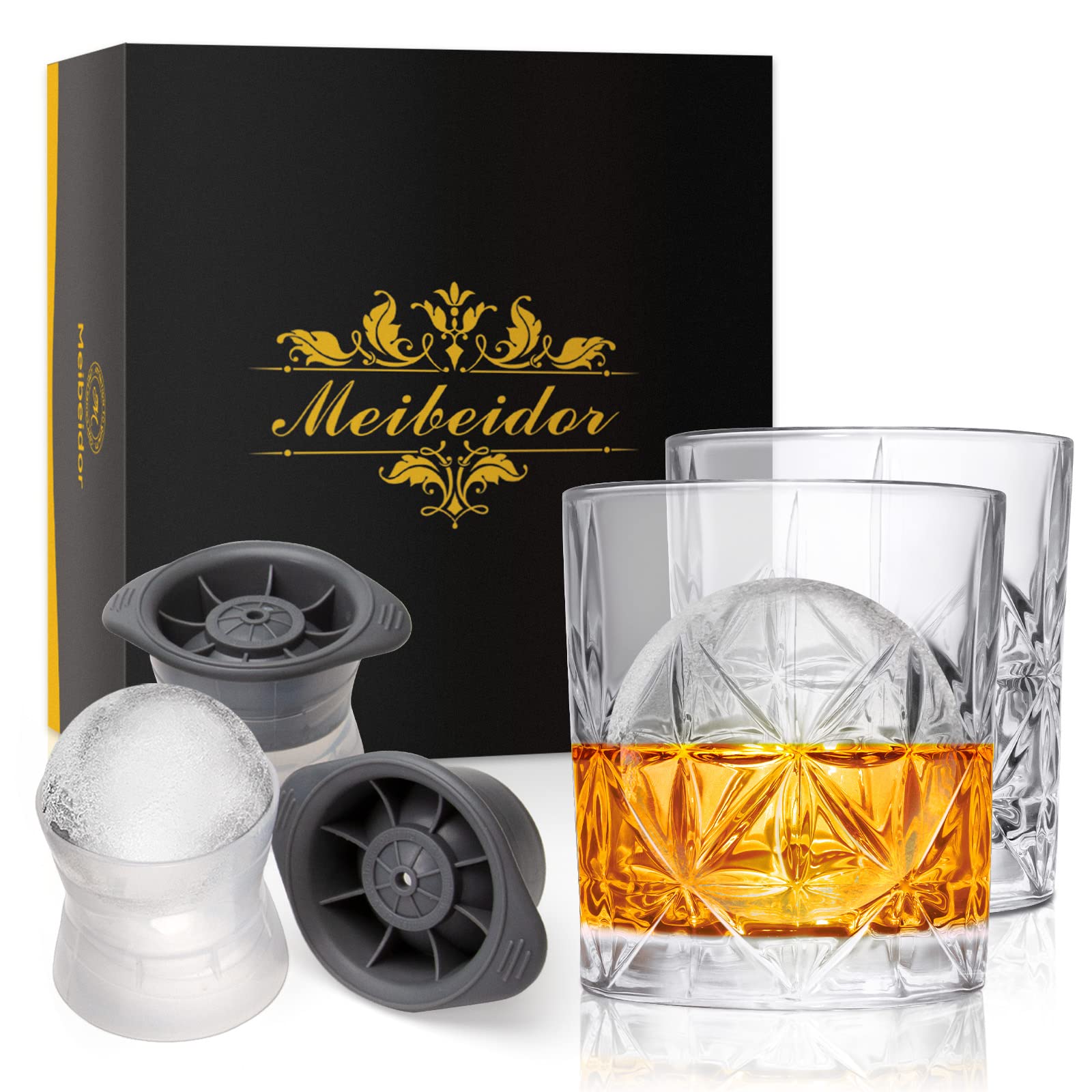 Whiskey Glasses Set of 2 Rocks Glasses & 2 Ice Molds, Lowball Bourbon Glass with Gift Box,10oz Cocktail Old Fashioned Glasses for Cognac Scotch Liquor Whisky, Whiskey Valentines Day Gifts for Men