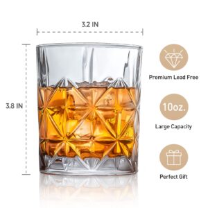 Whiskey Glasses Set of 2 Rocks Glasses & 2 Ice Molds, Lowball Bourbon Glass with Gift Box,10oz Cocktail Old Fashioned Glasses for Cognac Scotch Liquor Whisky, Whiskey Valentines Day Gifts for Men