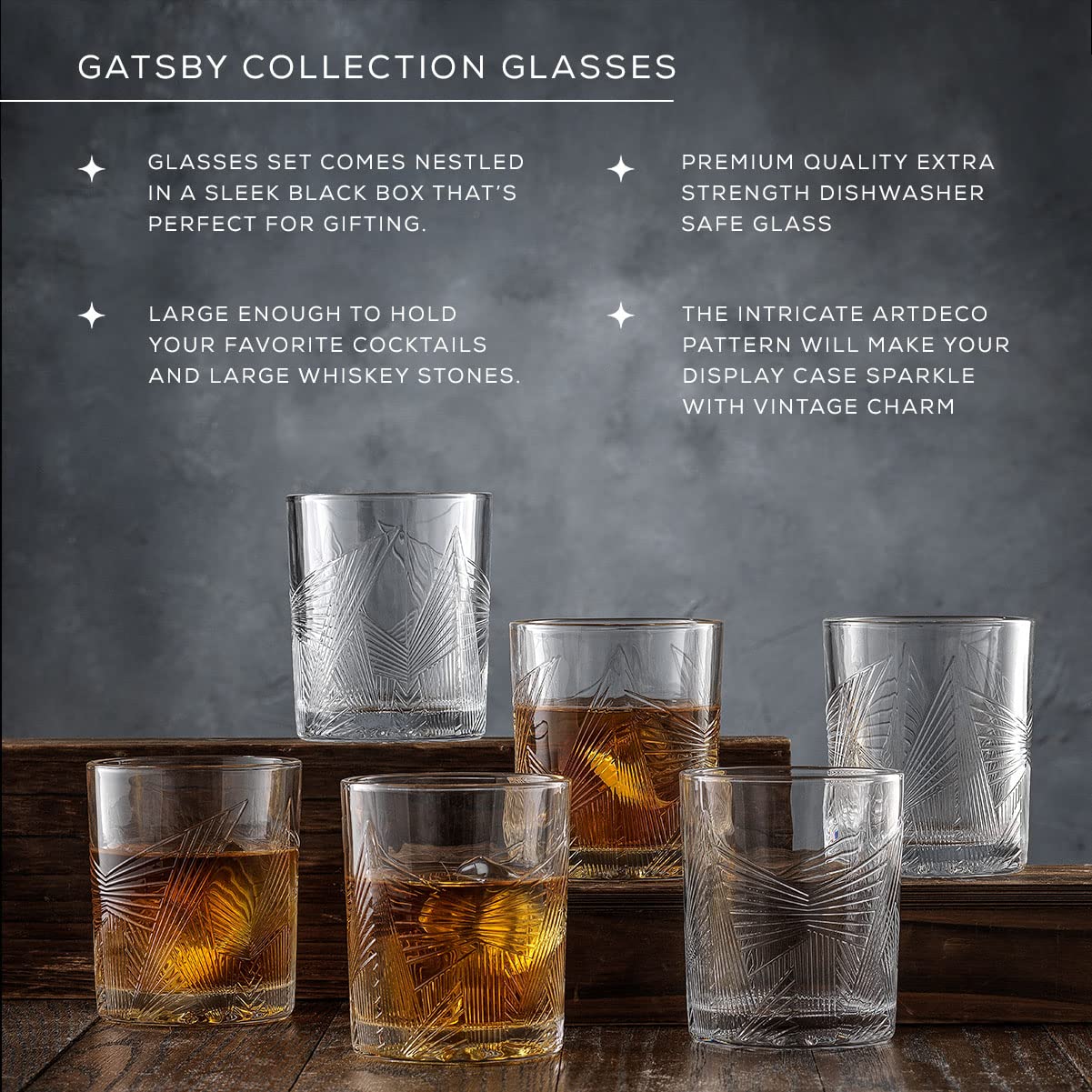 JoyJolt Gatsby Whiskey Glass Set of 6 Textured Whiskey Glasses for Bar (10oz). Old Fashioned Rocks Glasses for Scotch, Bourbon and Liquor. Unique Whiskey Tumblers, Rocks Glass Set or Cocktail Glass