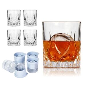 jsver whiskey rocks glass 10 oz old fashioned whiskey glasses for bourbon, scotch cocktail rum cognac vodka liquor, unique gifts for men (4 crystal bourbon glasses, 4 round ice ball molds) -set of 8