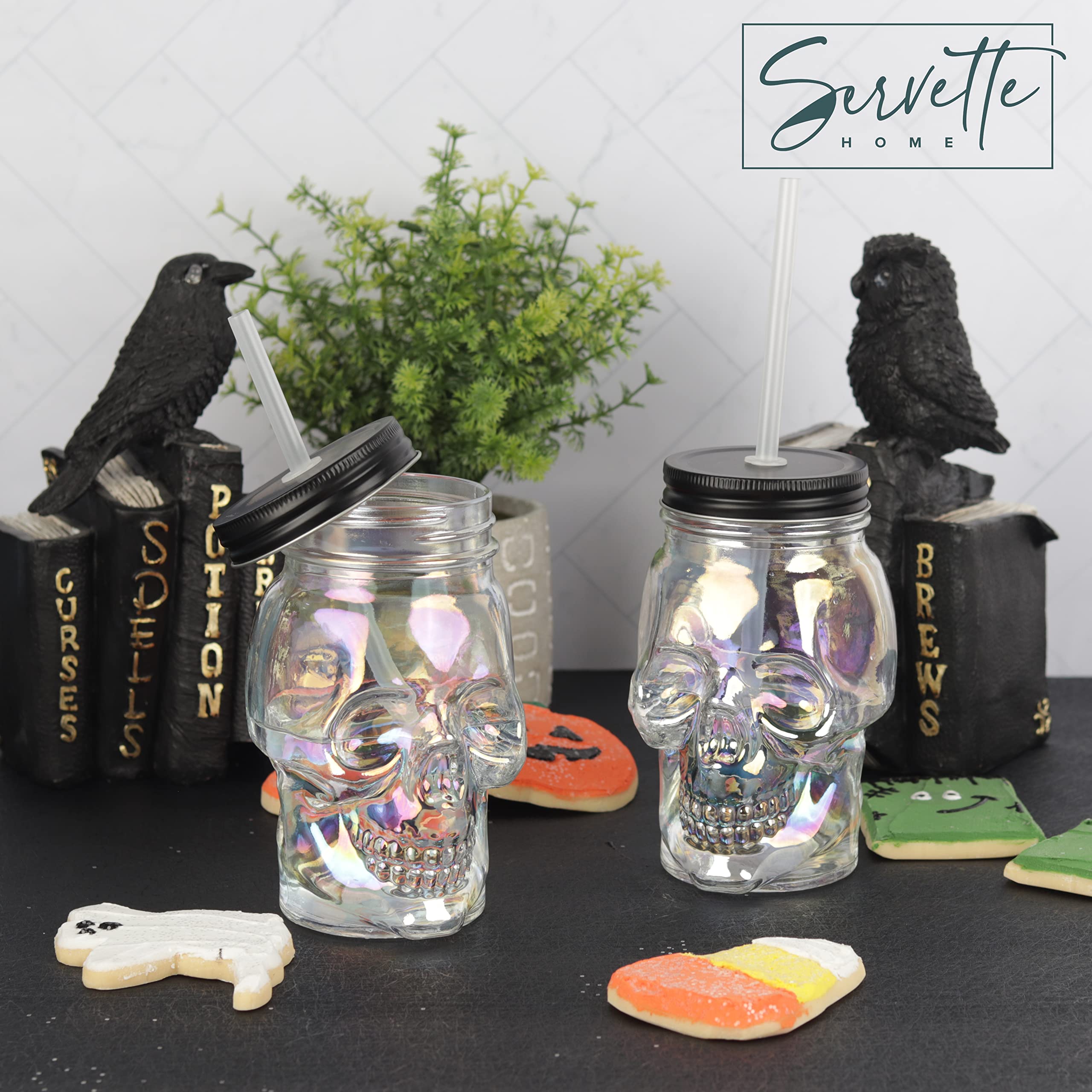 Servette Home 4 Pack Iridescent Skull Shaped Mason Jar with Lid and Straw - 16 Oz