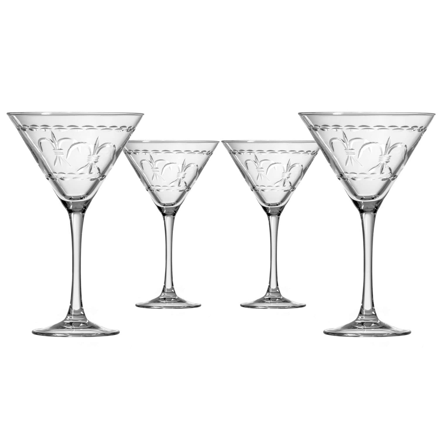 Rolf Glass Fleur De Lis Martini Glass 10 Ounce - Set of 4 Stemmed Martini Glasses - Lead-Free Glass - Diamond Wheel Engraved Cocktail Glasses - Made in the USA