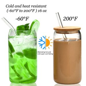 Volpeblu 6 Pack Glass Cups with Lids and Straws, 16 oz Iced Coffee Cup Glass Coffee Cups Drinking Glasses with Bamboo Lids & Glass Straw Beer Drinking Glasses Cute Tumbler for Cocktail, Soda, Water