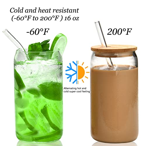 Volpeblu 6 Pack Glass Cups with Lids and Straws, 16 oz Iced Coffee Cup Glass Coffee Cups Drinking Glasses with Bamboo Lids & Glass Straw Beer Drinking Glasses Cute Tumbler for Cocktail, Soda, Water