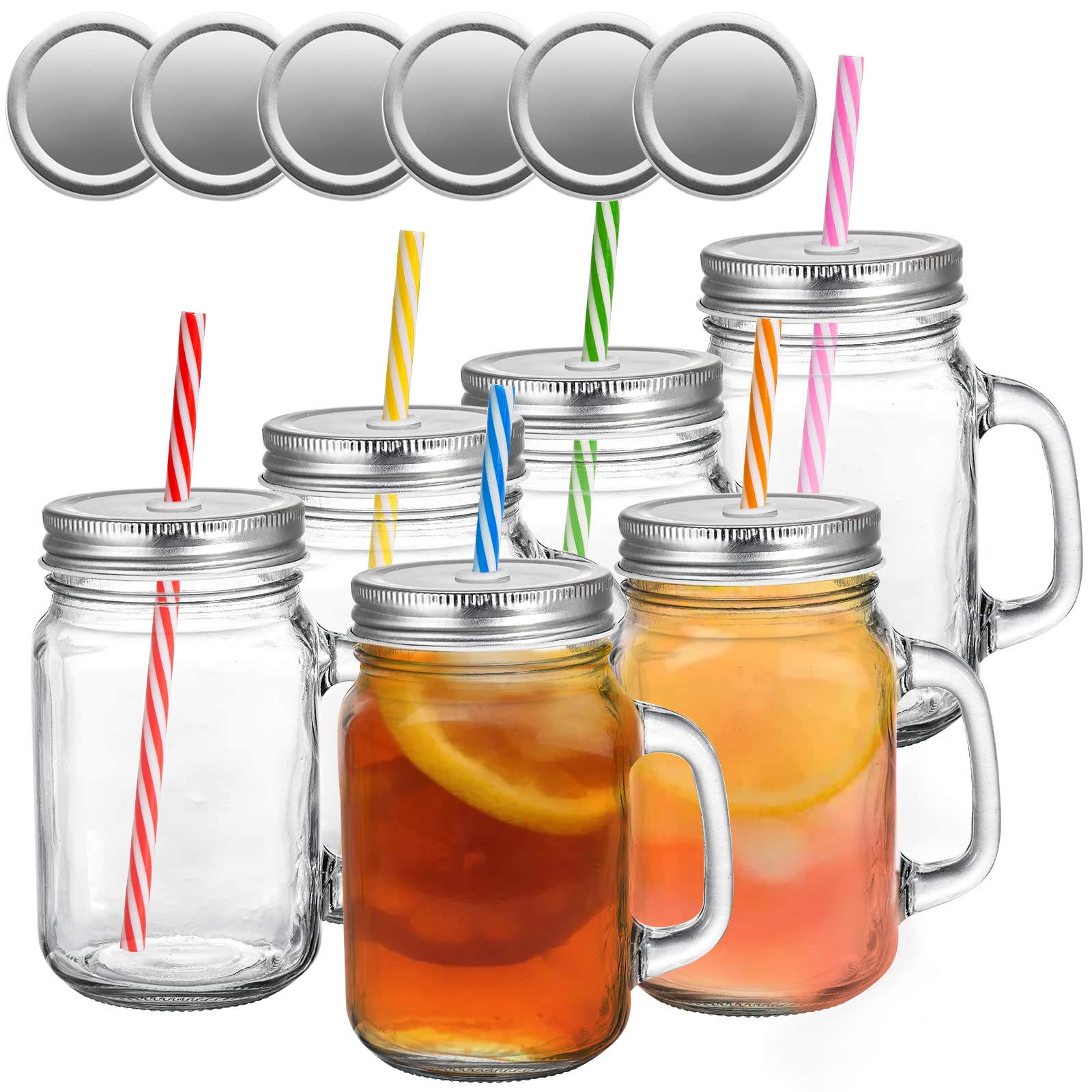 Tosnail 6 Pack 16 oz Glass Mason Jar Mugs with Handle, 12 Tin Lids and 6 Plastic Straws, Old Fashioned Mason Jar Drinking Glasses, Clear Glass Cups for Party and Daily Use