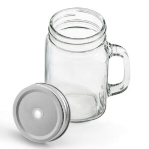 Tosnail 6 Pack 16 oz Glass Mason Jar Mugs with Handle, 12 Tin Lids and 6 Plastic Straws, Old Fashioned Mason Jar Drinking Glasses, Clear Glass Cups for Party and Daily Use